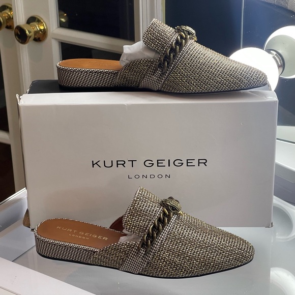 Kurt Geiger | Shoes | Kurt Geiger Gold And Tan Mules With Chain Detail ...